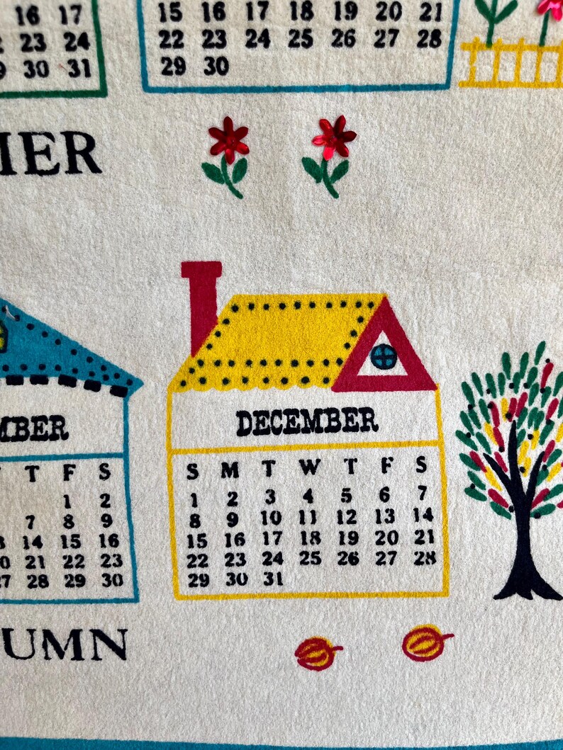 1968 Sequined Felt Wall Calendar | Seasons Groovy Mod Flower Power ...