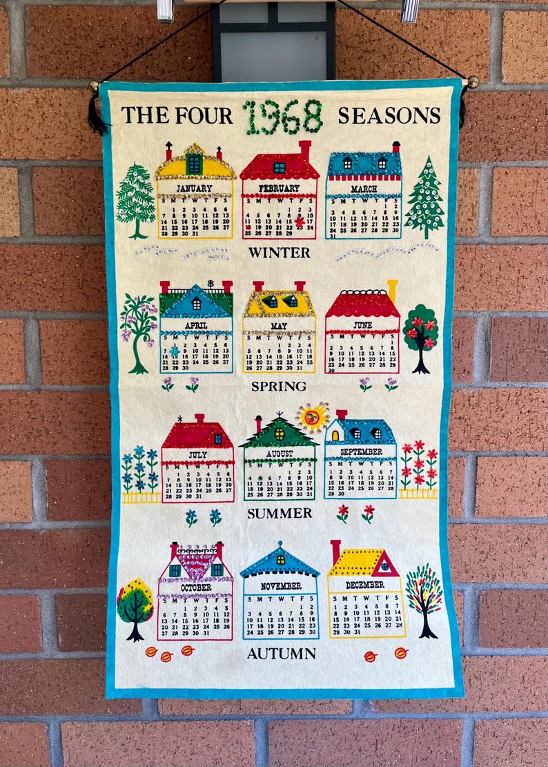 1968 Sequined Felt Wall Calendar | Seasons Groovy Mod Flower Power ...
