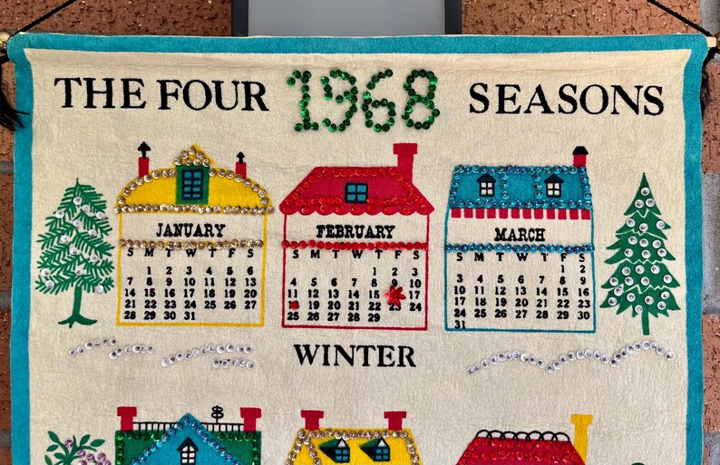 1968 Sequined Felt Wall Calendar | Seasons Groovy Mod Flower Power ...