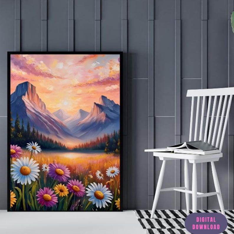 Printable Boho Daisies Wall Art,sunset Landscape Flower Print, 3 Print ...