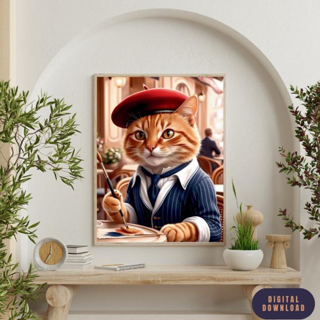 French Artist Cat Wall Art – Chic Parisian Cat in Beret and Striped ...