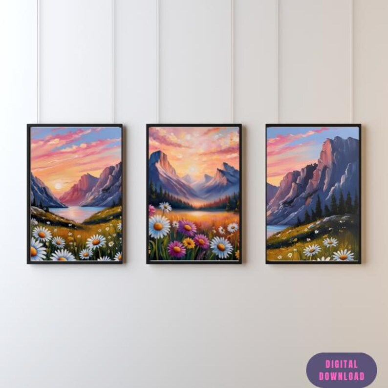 Printable Boho Daisies Wall Art,sunset Landscape Flower Print, 3 Print ...