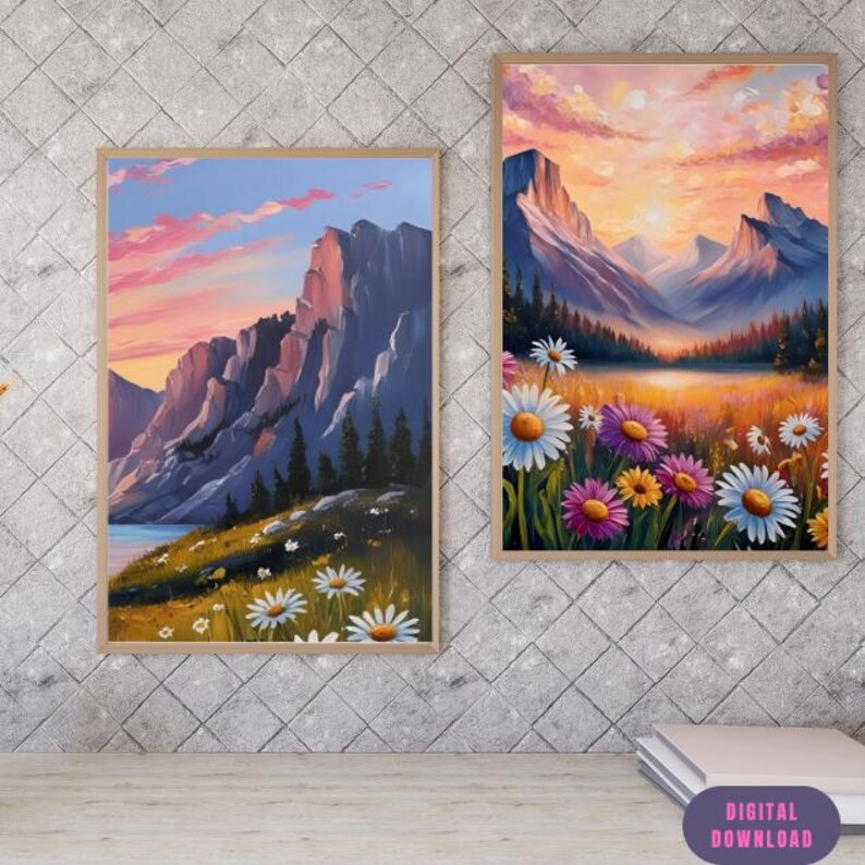 Printable Boho Daisies Wall Art,sunset Landscape Flower Print, 3 Print ...