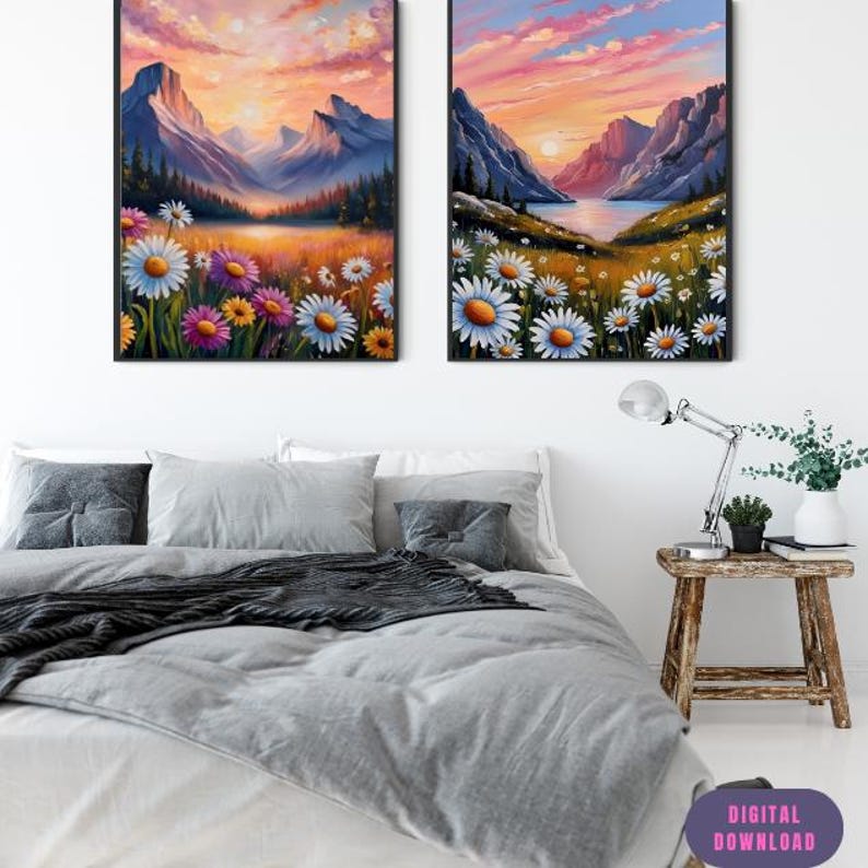 Printable Boho Daisies Wall Art,sunset Landscape Flower Print, 3 Print ...