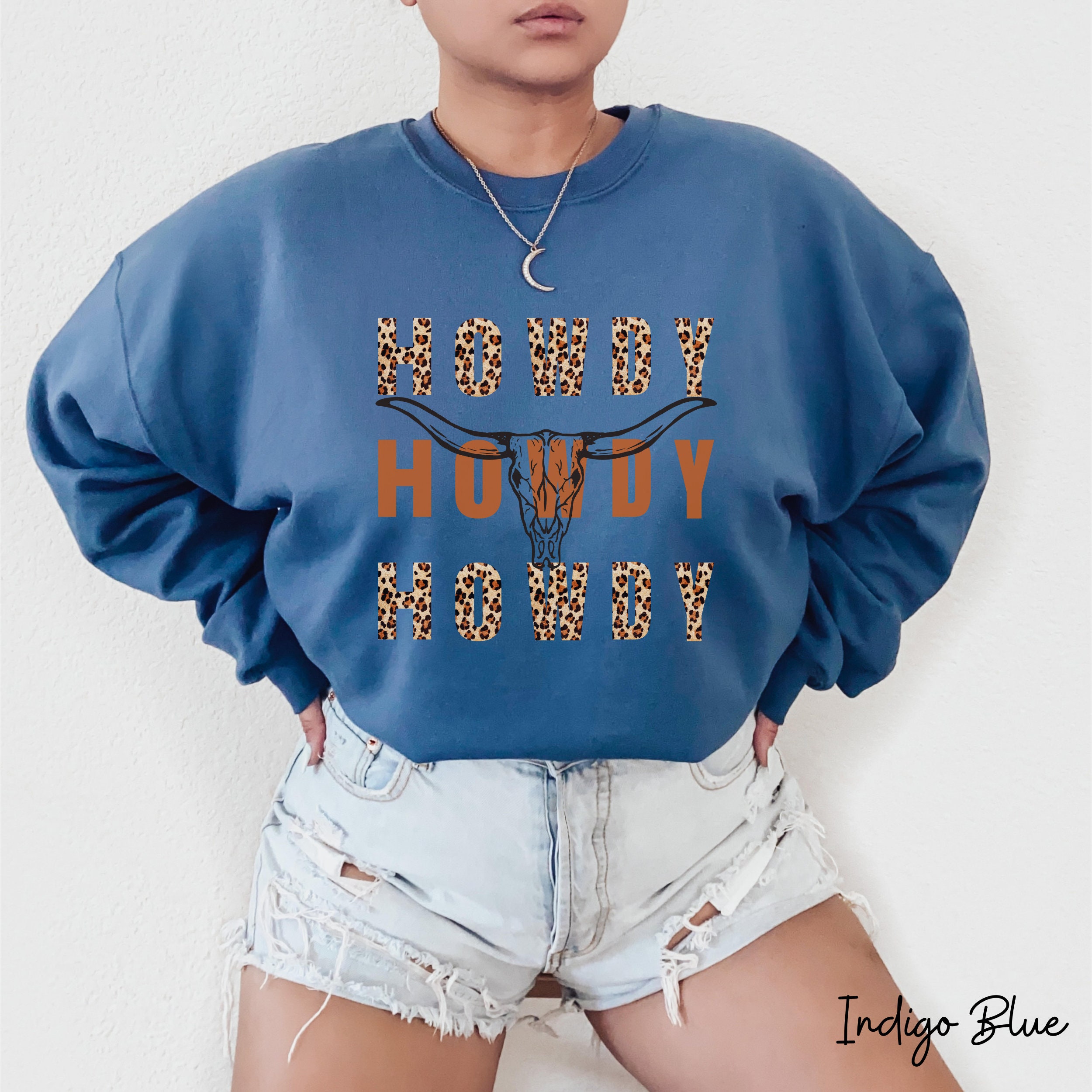 Cowgirl Leopard Print "howdy" Steer Head Country Crewneck Sweatshirt ...
