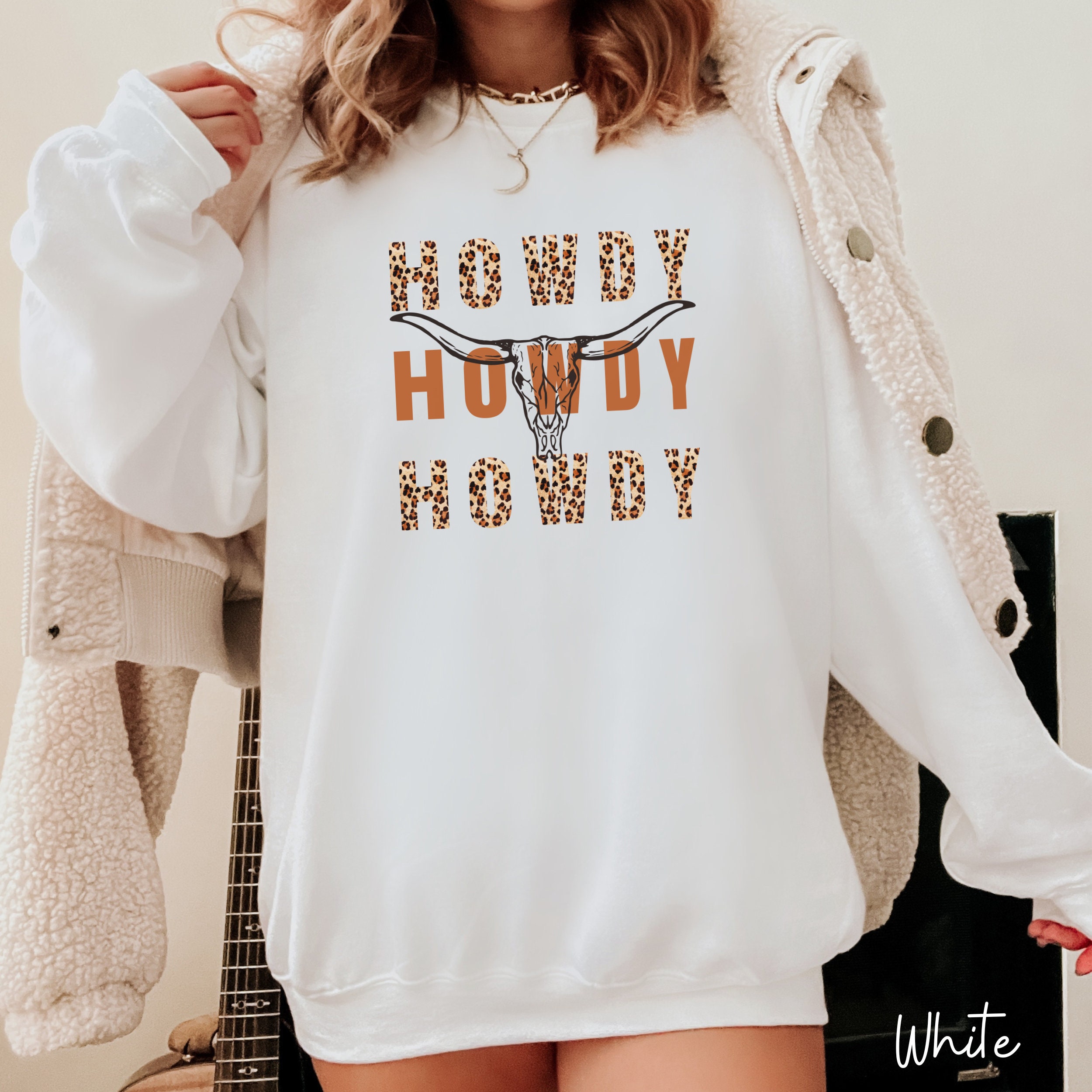 Cowgirl Leopard Print "howdy" Steer Head Country Crewneck Sweatshirt ...