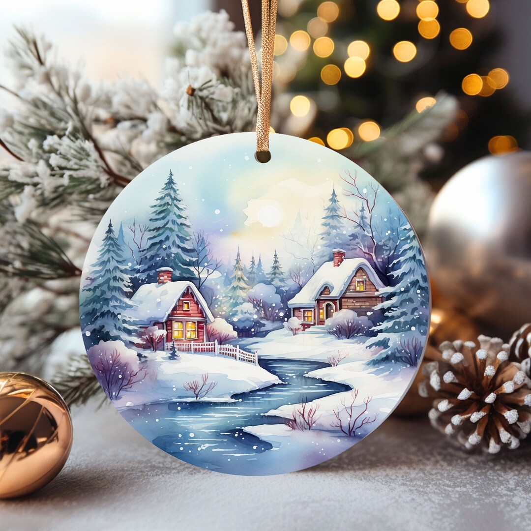 Snowy Winter Scenery Christmas Ornament Round Ceramic - Etsy