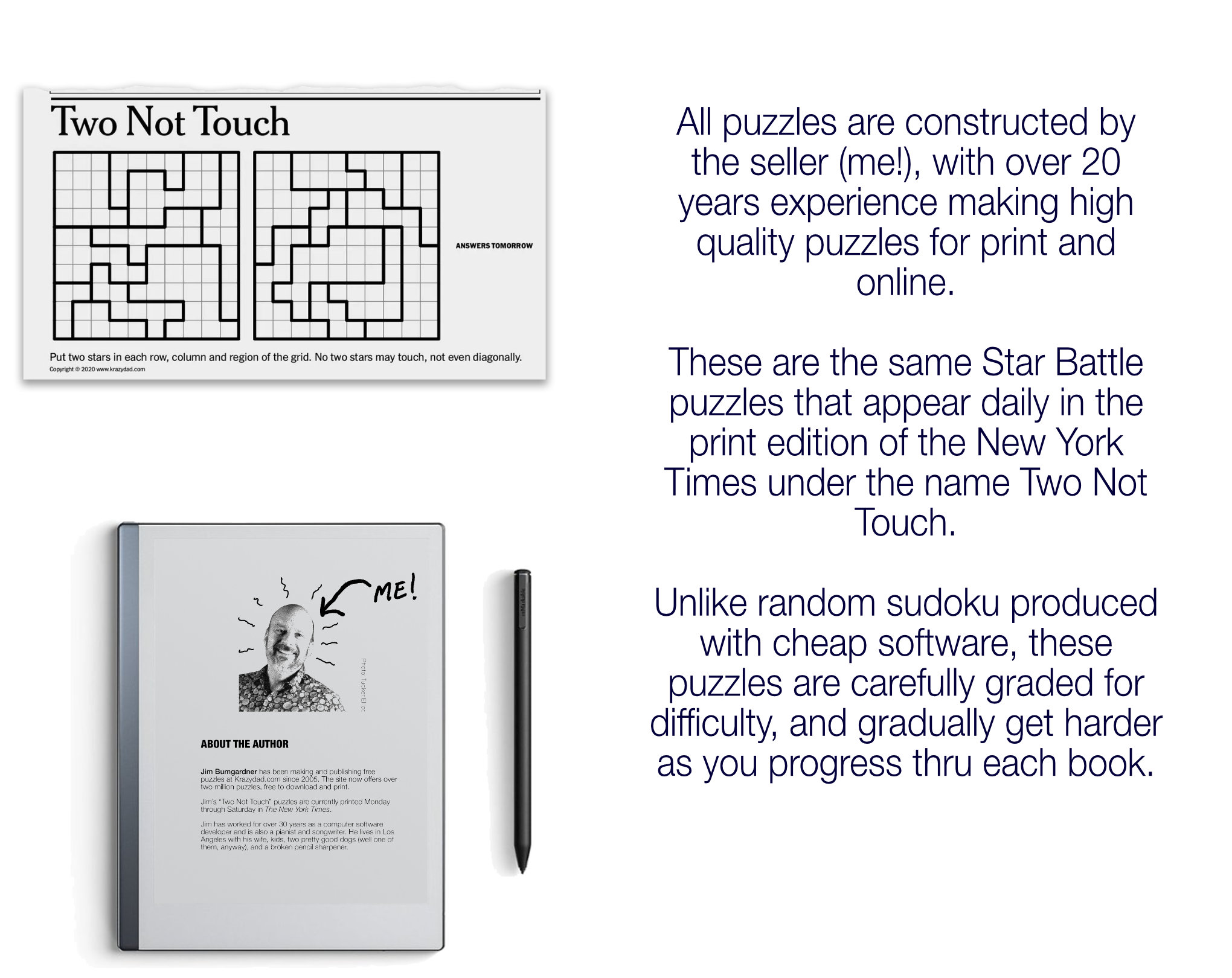 Krazydad Two Not Touch Volume 1: 360 Star Battle Puzzles for Kindle Scribe or Remarkable 2 - Etsy