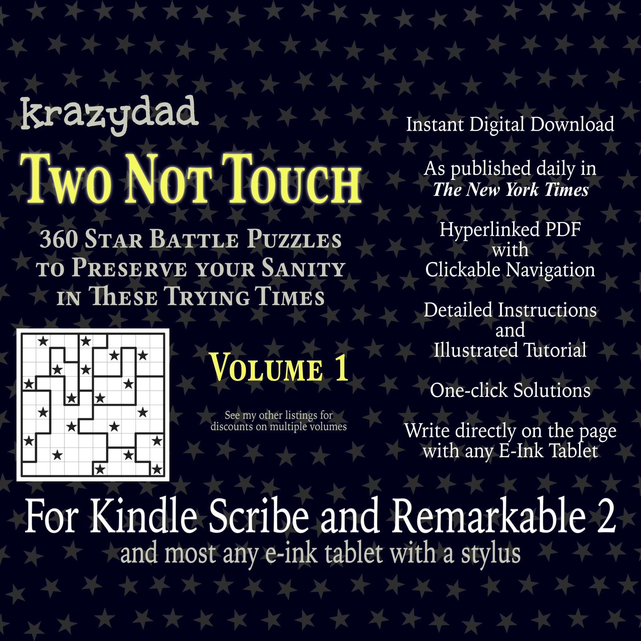 Krazydad Two Not Touch Volume 1: 360 Star Battle Puzzles for Kindle ...