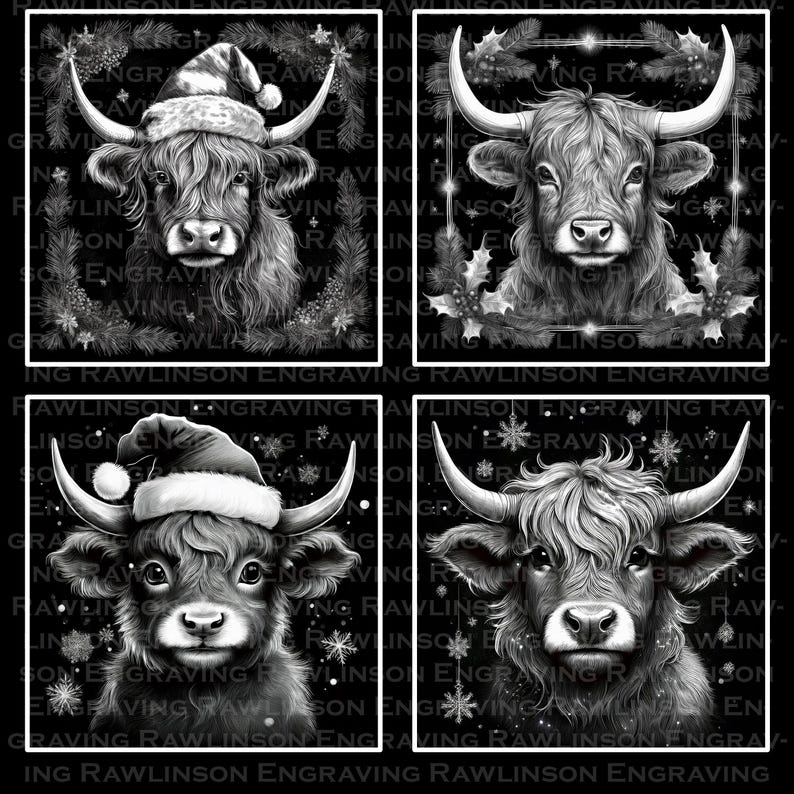 8 Christmas Highland Cow Digital Files for Laser Engraving 4x4" Slate ...