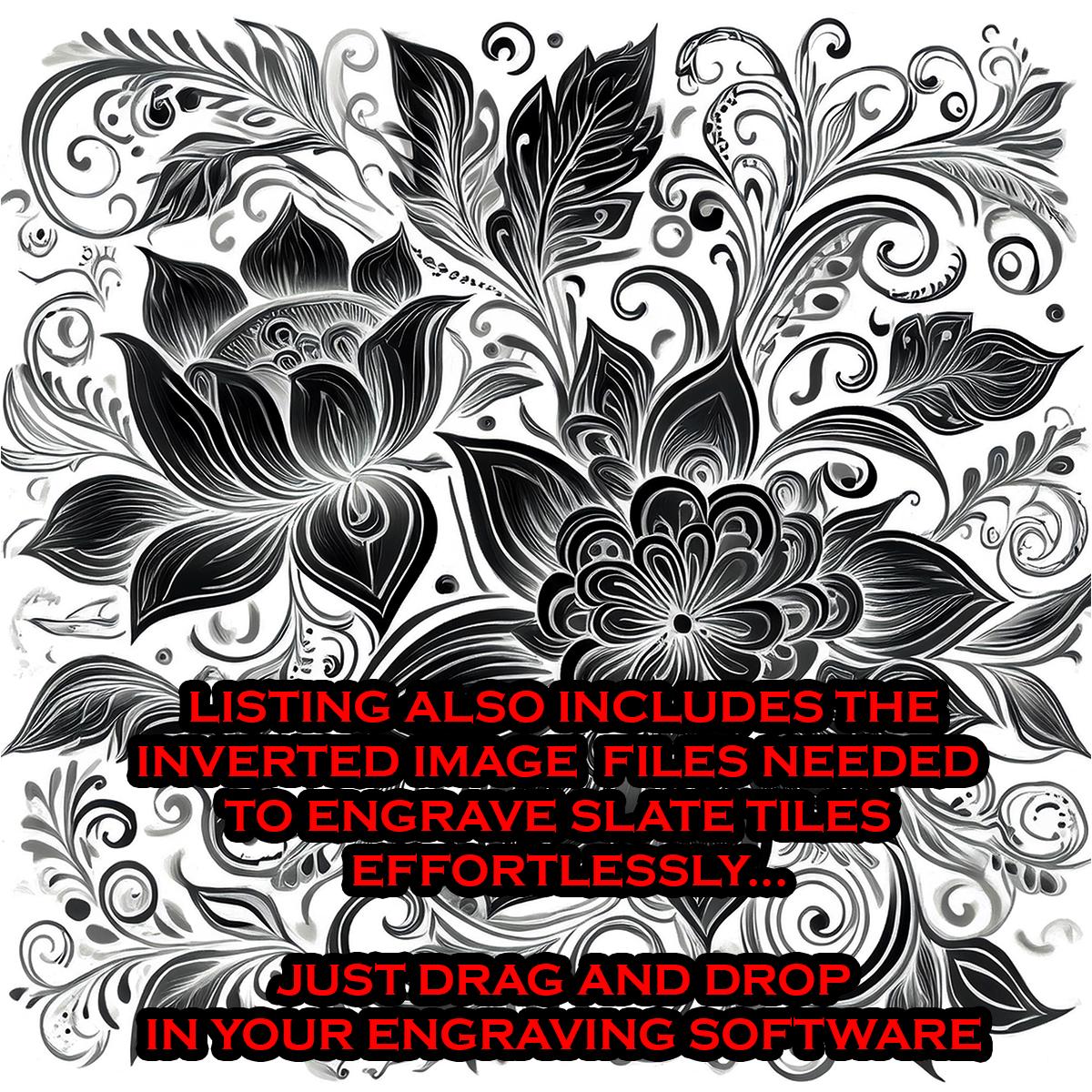4 Fancy Flowers Laser Engraving Digital Files: 4x4" Slate Coasters (PNG ...