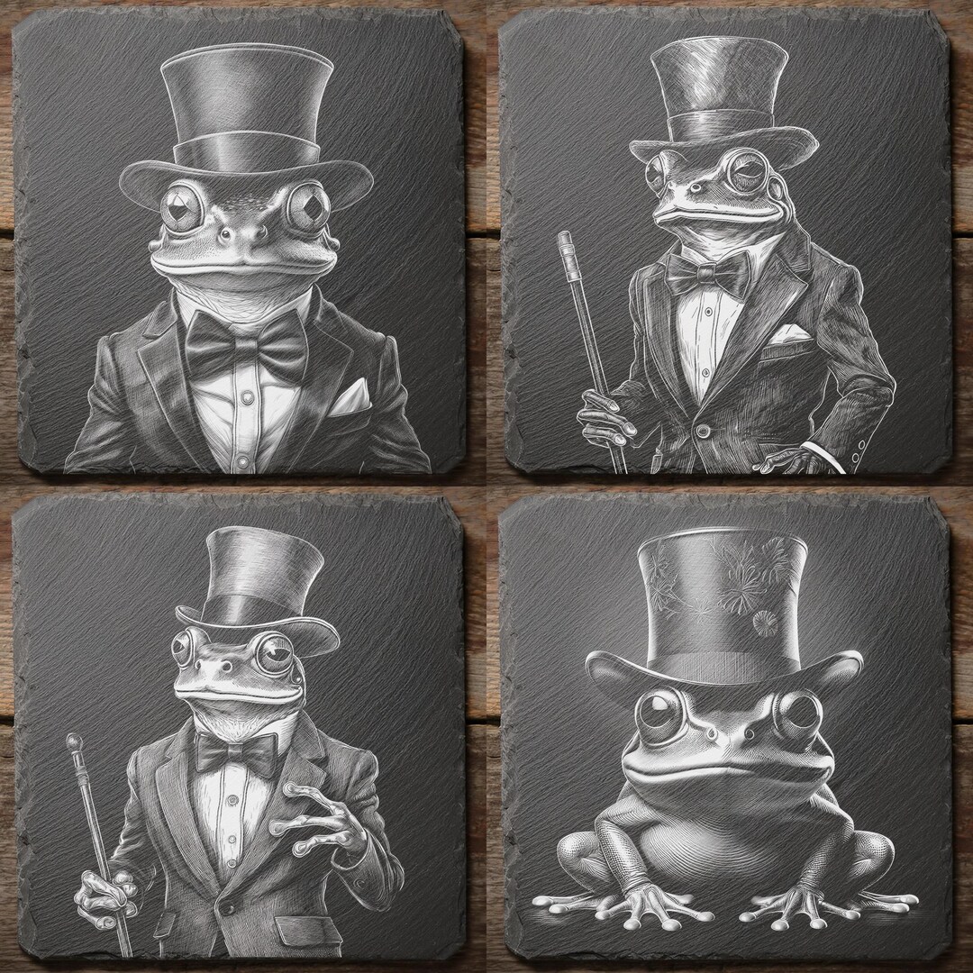 4 Fancy Frogs in Top Hats Digital Files for Laser Engraving 4x4" Slate ...