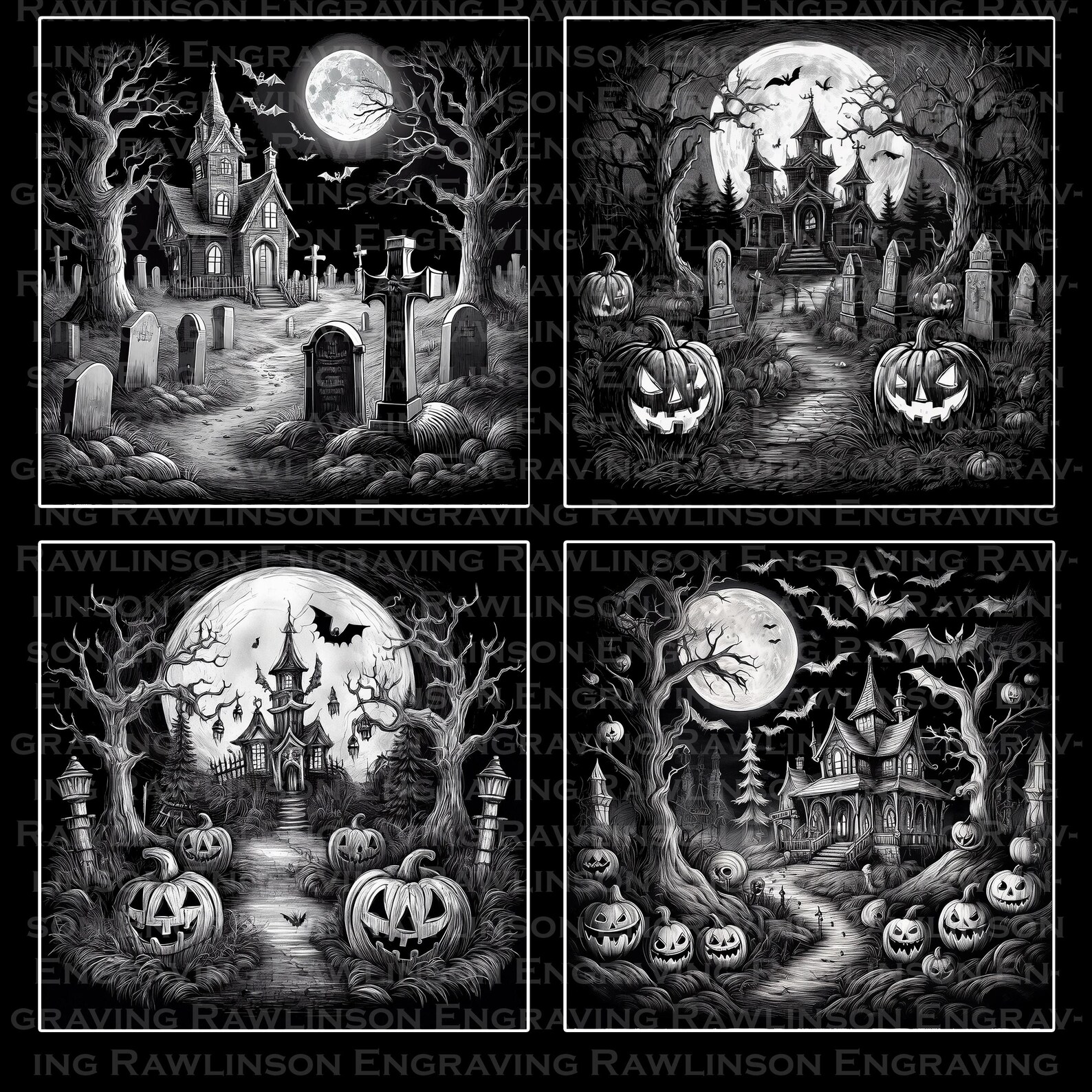 8 Spooky Halloween Scenes- Digital Files for Laser Engraving 4x4" Slate ...