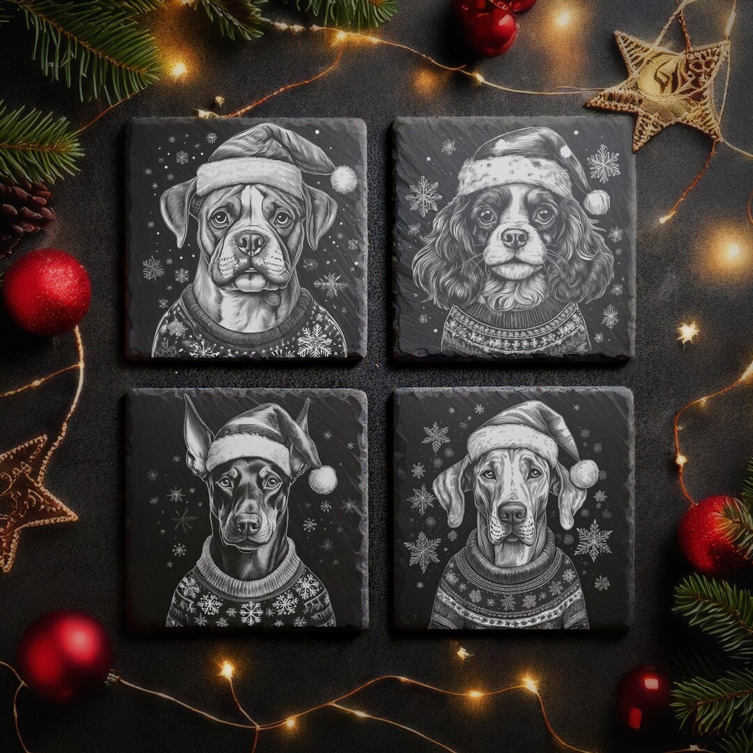 Christmas Dog in Sweater Laser Engraving Files: 4x4 Slate Coasters ...