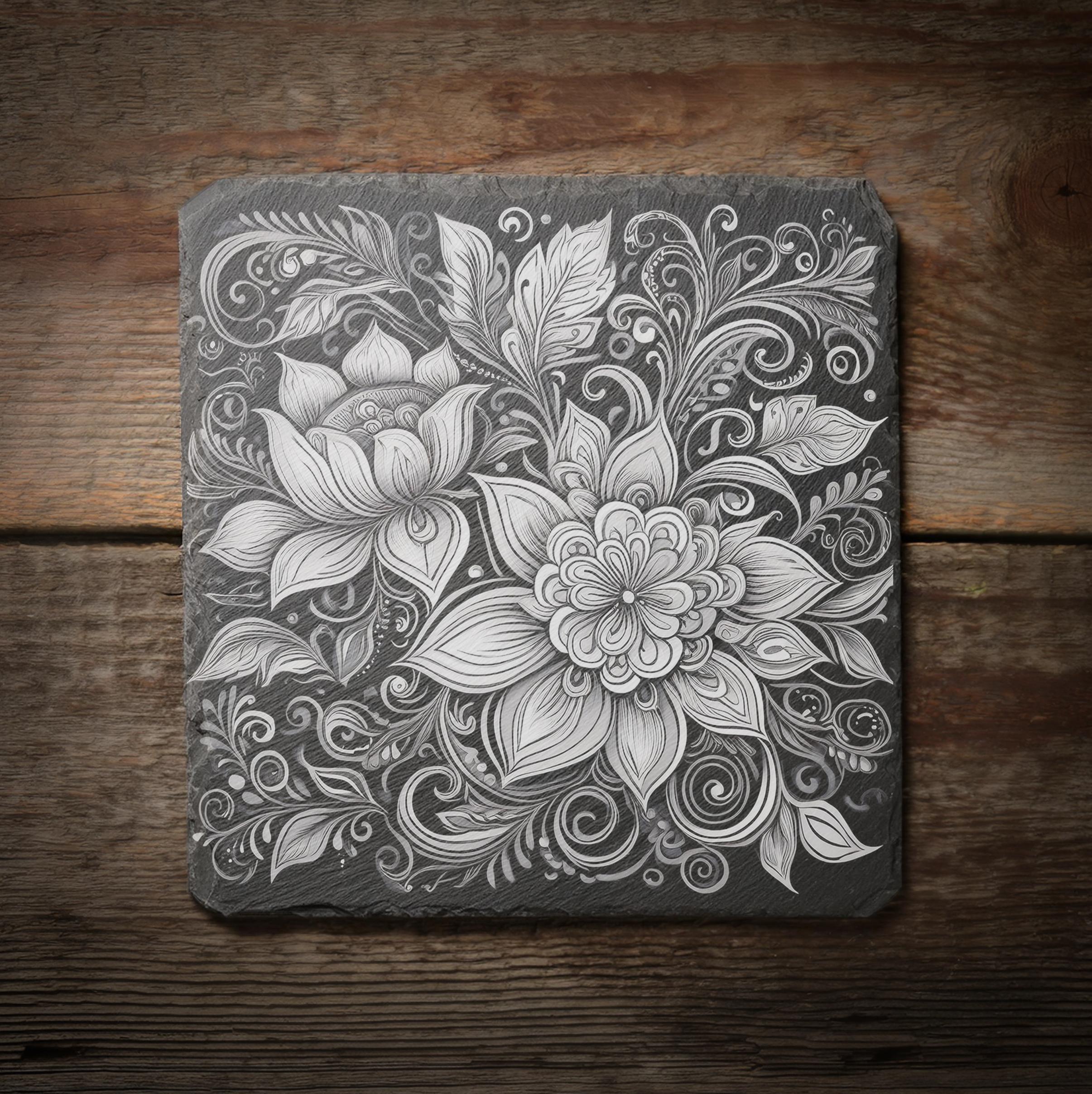 4 Fancy Flowers Laser Engraving Digital Files: 4x4" Slate Coasters (PNG ...