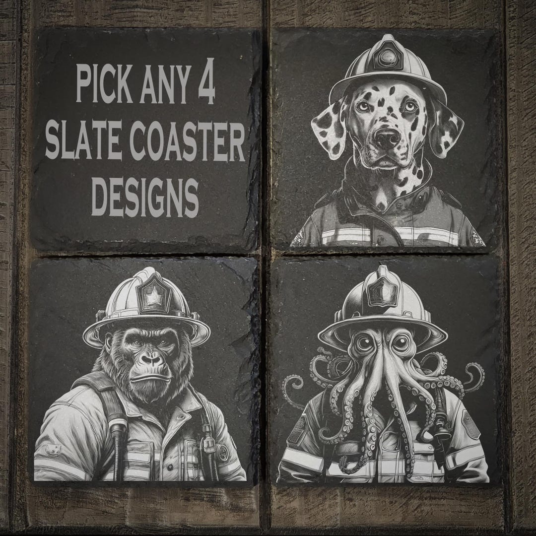 Firefighter Animals Slate Coaster Four Piece Set mix and Match up to ...