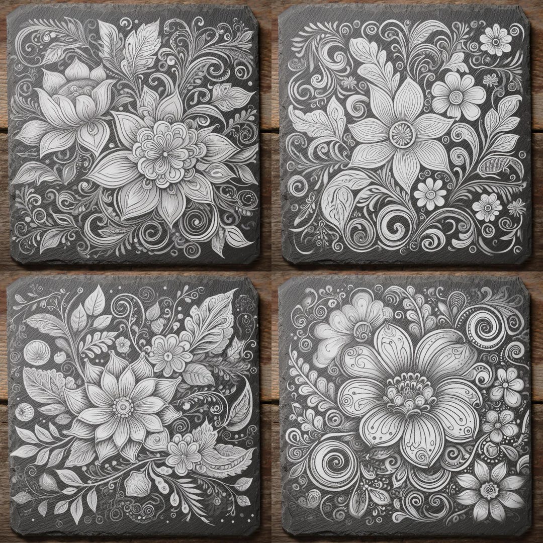 4 Fancy Flowers Laser Engraving Digital Files: 4x4" Slate Coasters (PNG ...
