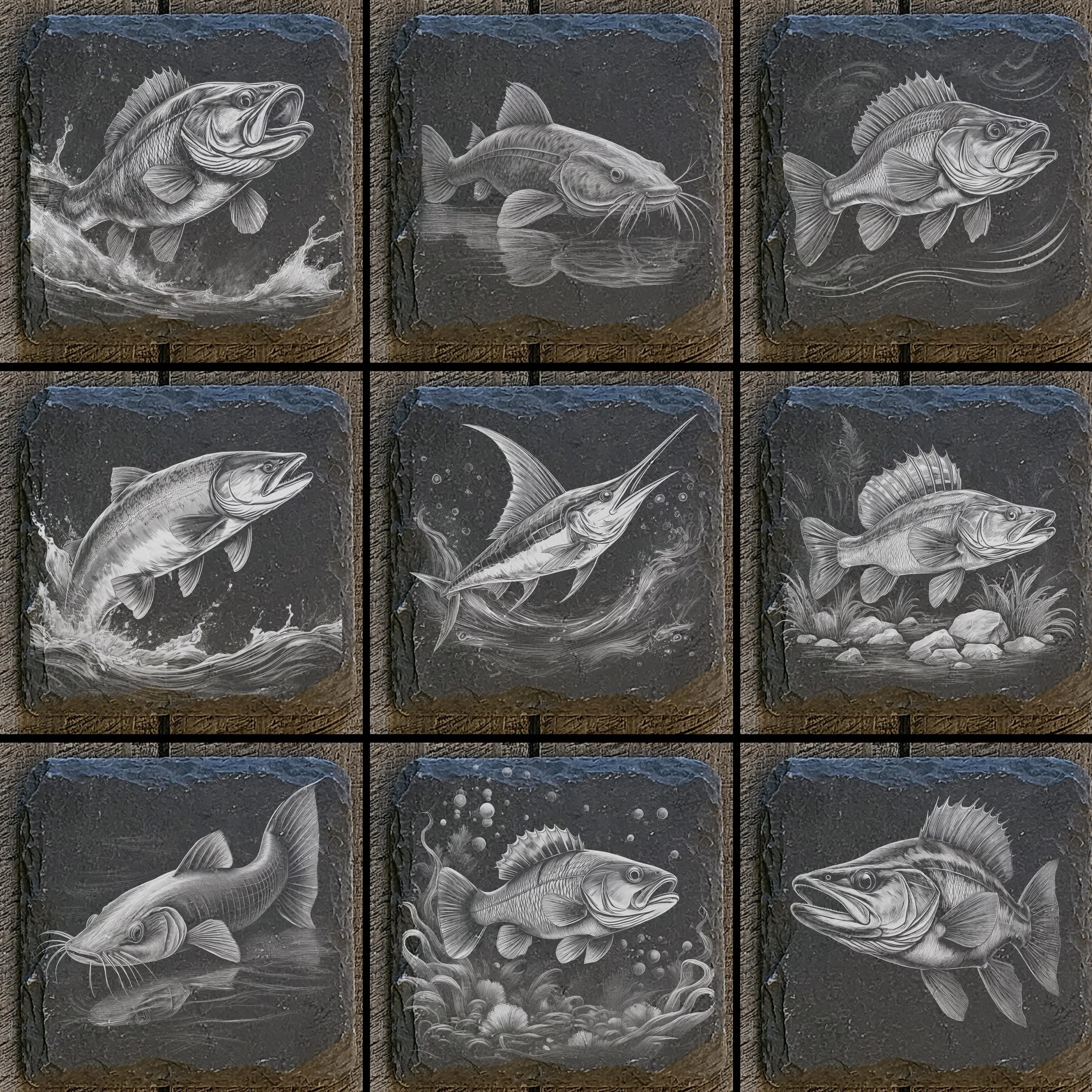 9 Fishing Digital Files for Laser Engraving 4x4" Slate Tiles- Bass ...