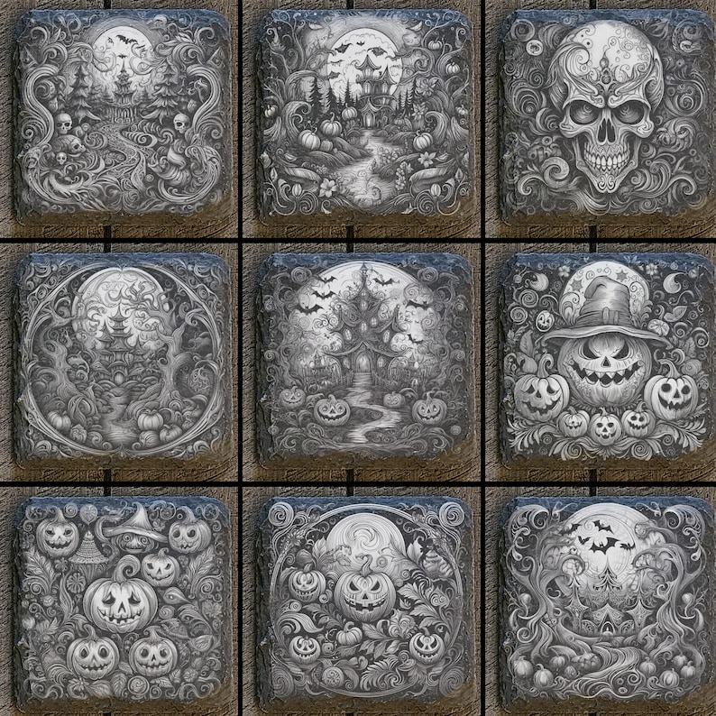 9 Fancy Halloween Scenes- Digital Files for Laser Engraving 4x4" Slate ...