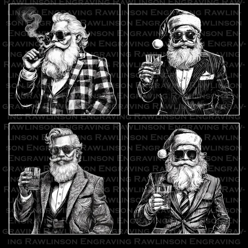12 Whiskey and Cigar Santa Christmas Digital Files for Laser Engraving ...