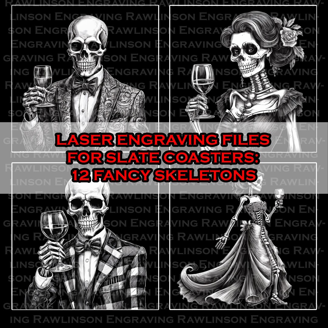 12 Fancy Skeletons Drinking Wine Digital Files for Laser Engraving 4x4 ...