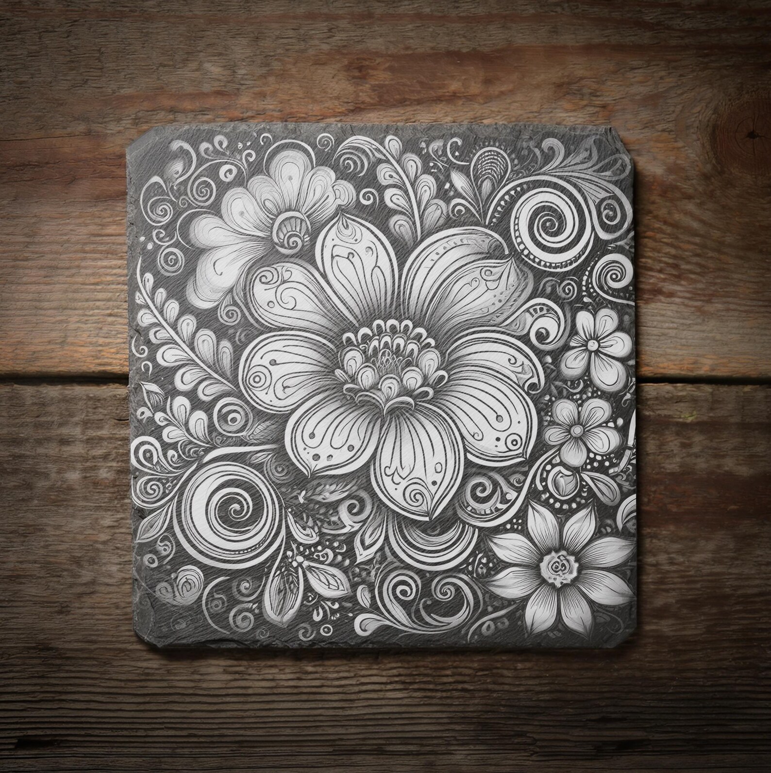 4 Fancy Flowers Laser Engraving Digital Files: 4x4" Slate Coasters (PNG ...
