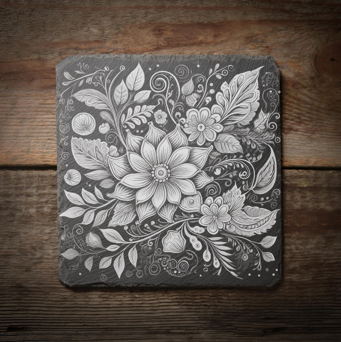 4 Fancy Flowers Laser Engraving Digital Files: 4x4" Slate Coasters (PNG ...