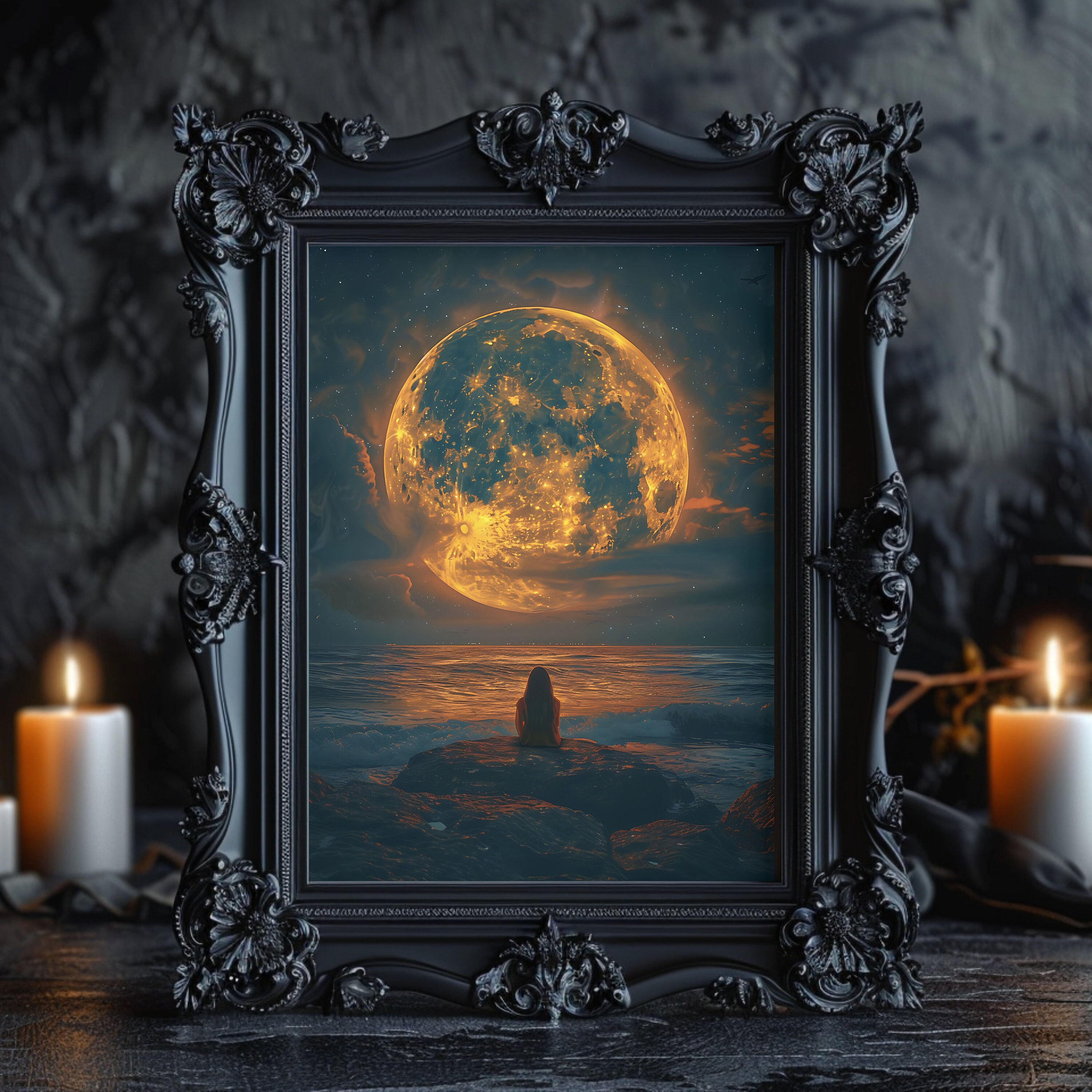 Moon Ritual Wall Art, Moody Wall Art, Full Moon Wall Art, Coastal Wall ...