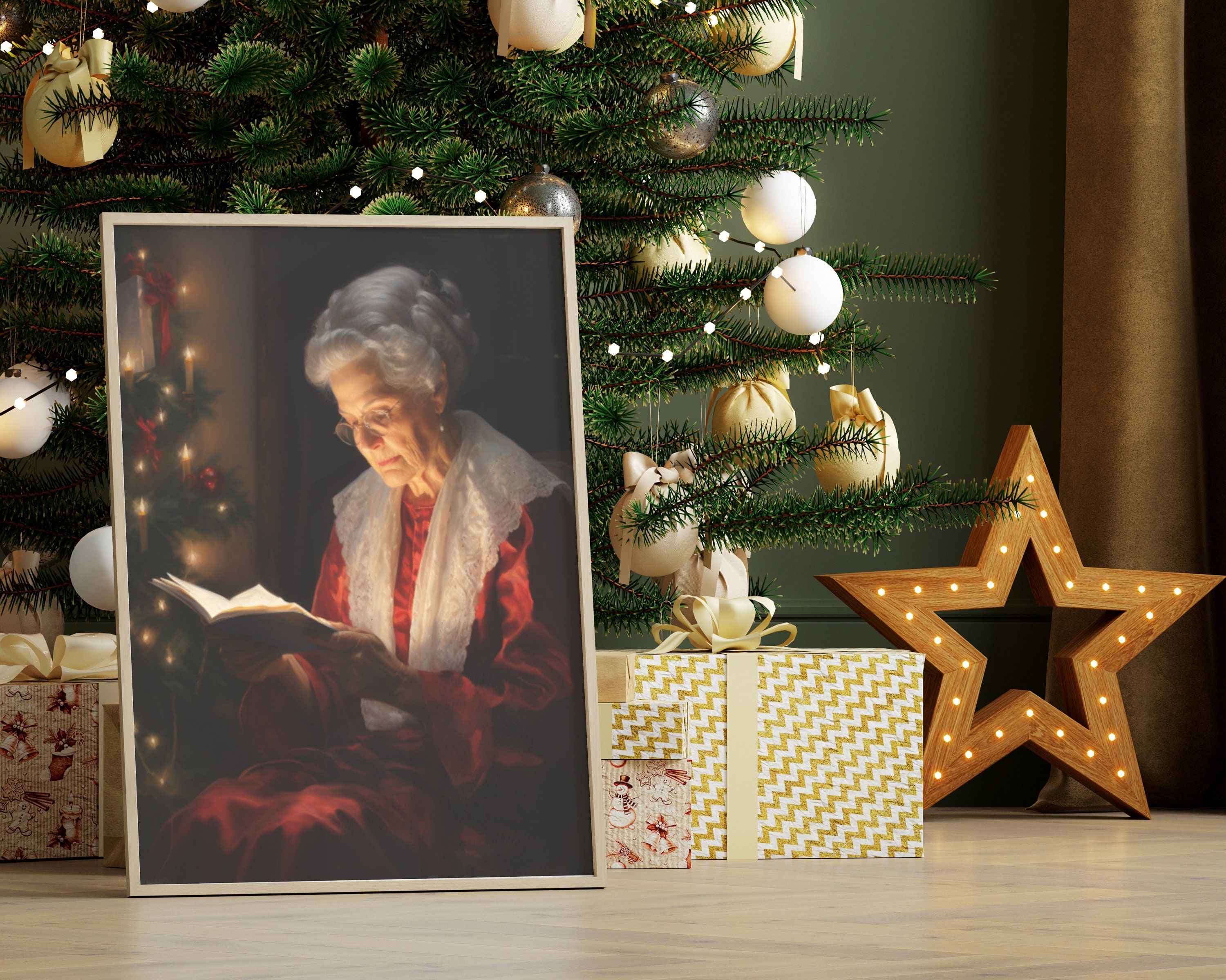 Mrs Claus Reading Book, Printable Christmas Oil Painting Holiday Art ...