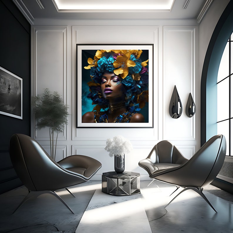 Black Girl Art Poster, Black Woman Head Flowers Wall Art, Black Art, Afro Art, African American ...