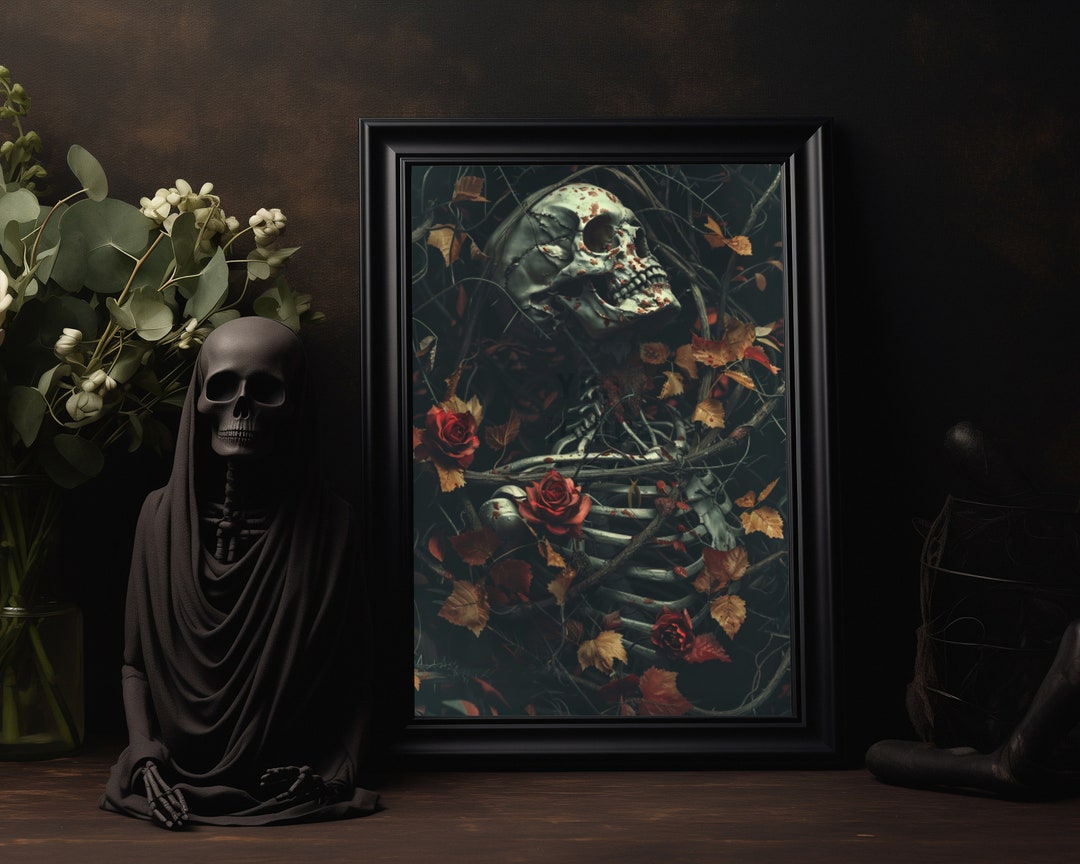 Rose Vine Skeleton Portrait, Cottagecore Decor, Gothic Skull Wall Art ...
