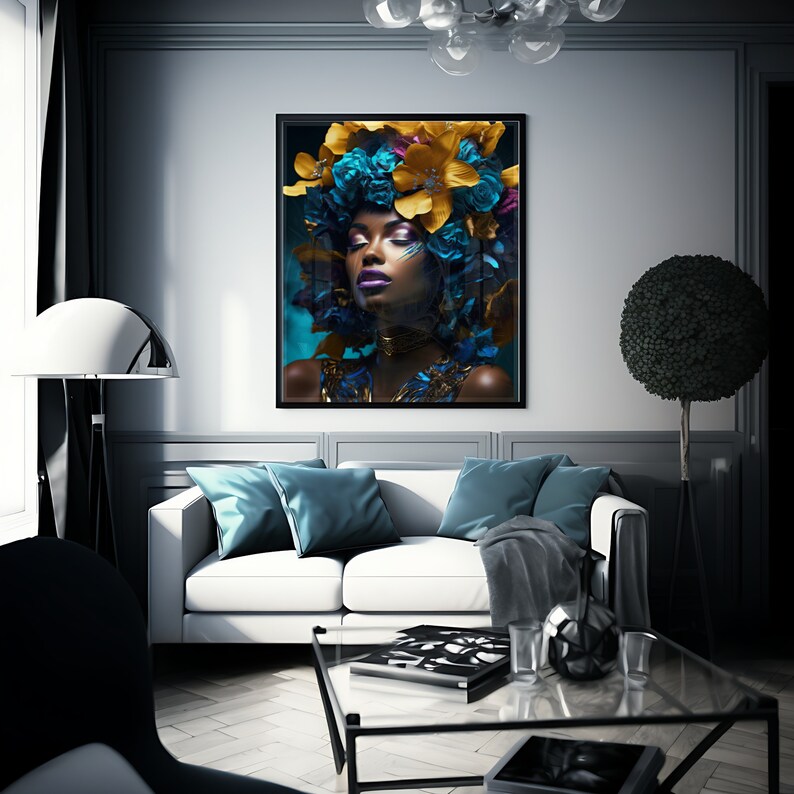 Black Girl Art Poster, Black Woman Head Flowers Wall Art, Black Art, Afro Art, African American ...