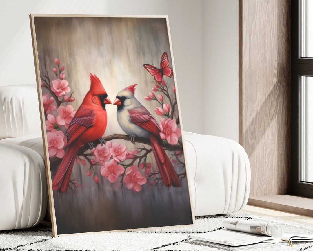 Cardinal Bird Painting, Red Cardinal Love Birds Wall Art, Home Decor ...