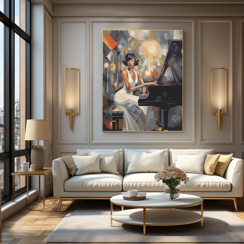 Vibrant Jazz Abstract Pianist Painting, Music Wall Art, Black Woman Art ...