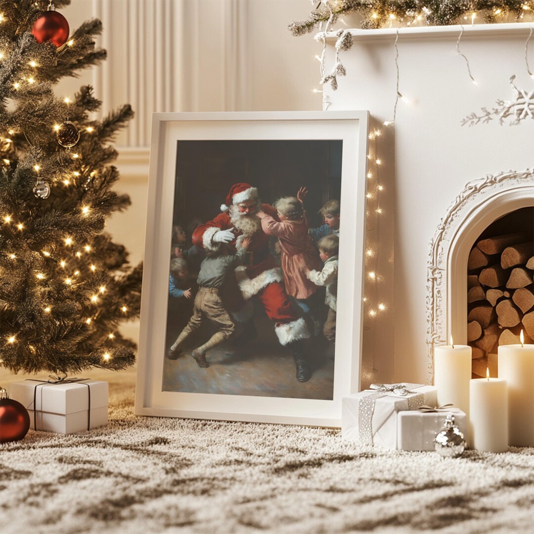 Vintage Santa Claus Art Print, Jolly Christmas Scene With Kids Playing ...