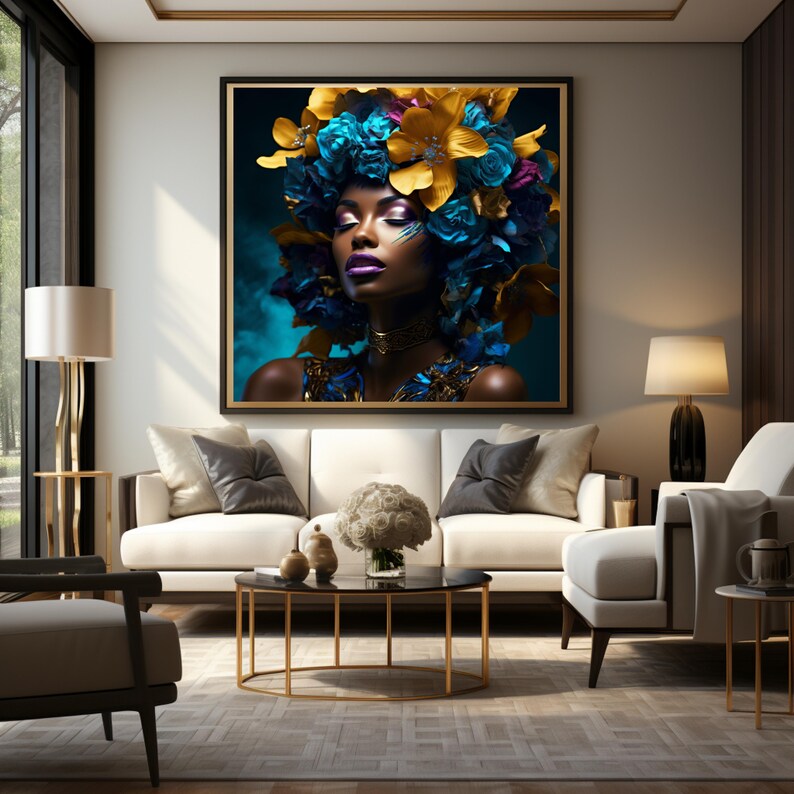 Black Girl Art Poster, Black Woman Head Flowers Wall Art, Black Art, Afro Art, African American ...