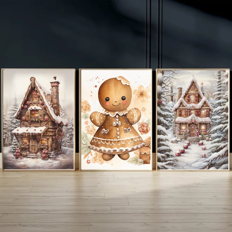 Gingerbread House Print Set of 3, Christmas Printable Wall Art ...