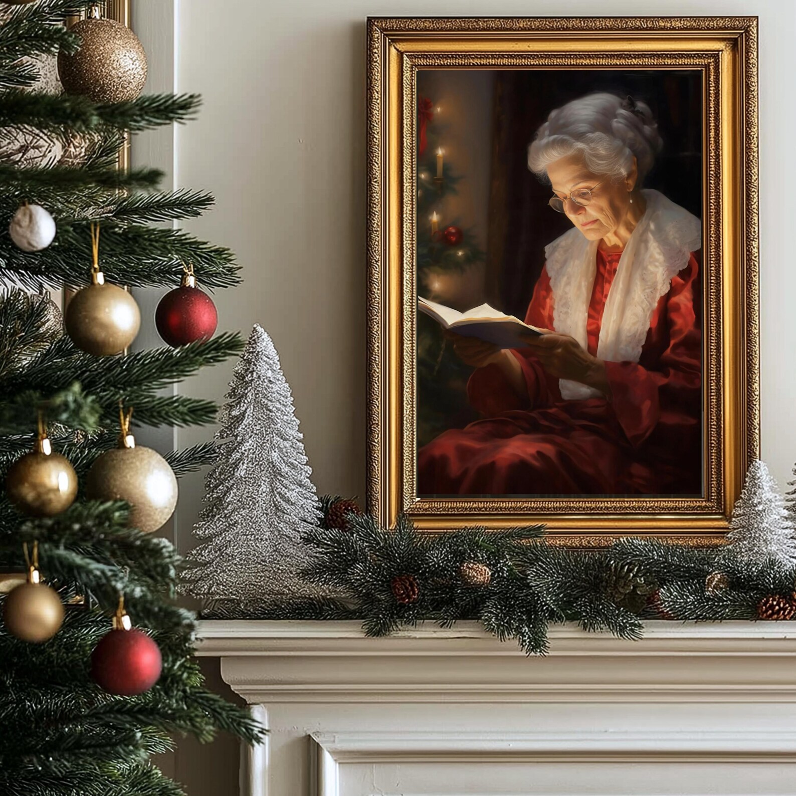 Mrs Claus Reading Book, Printable Christmas Oil Painting Holiday Art ...