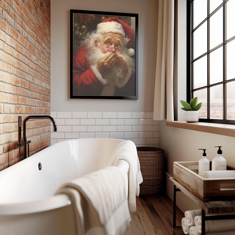 Classic Santa Painting, Funny Bathroom Wall Art, Santa in Bathroom ...