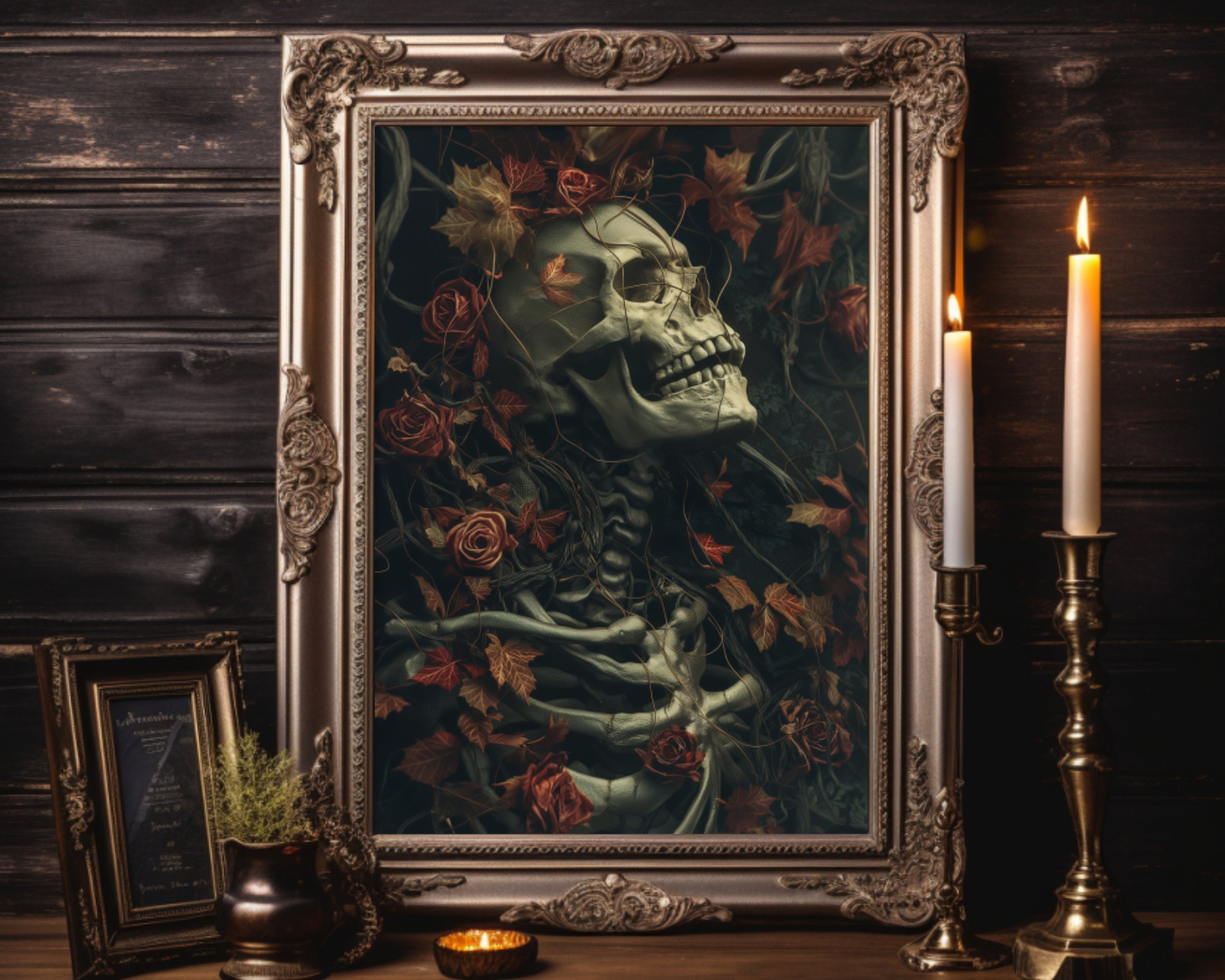 Rose Vine Skeleton Portrait, Cottagecore Decor, Gothic Skull Wall Art ...