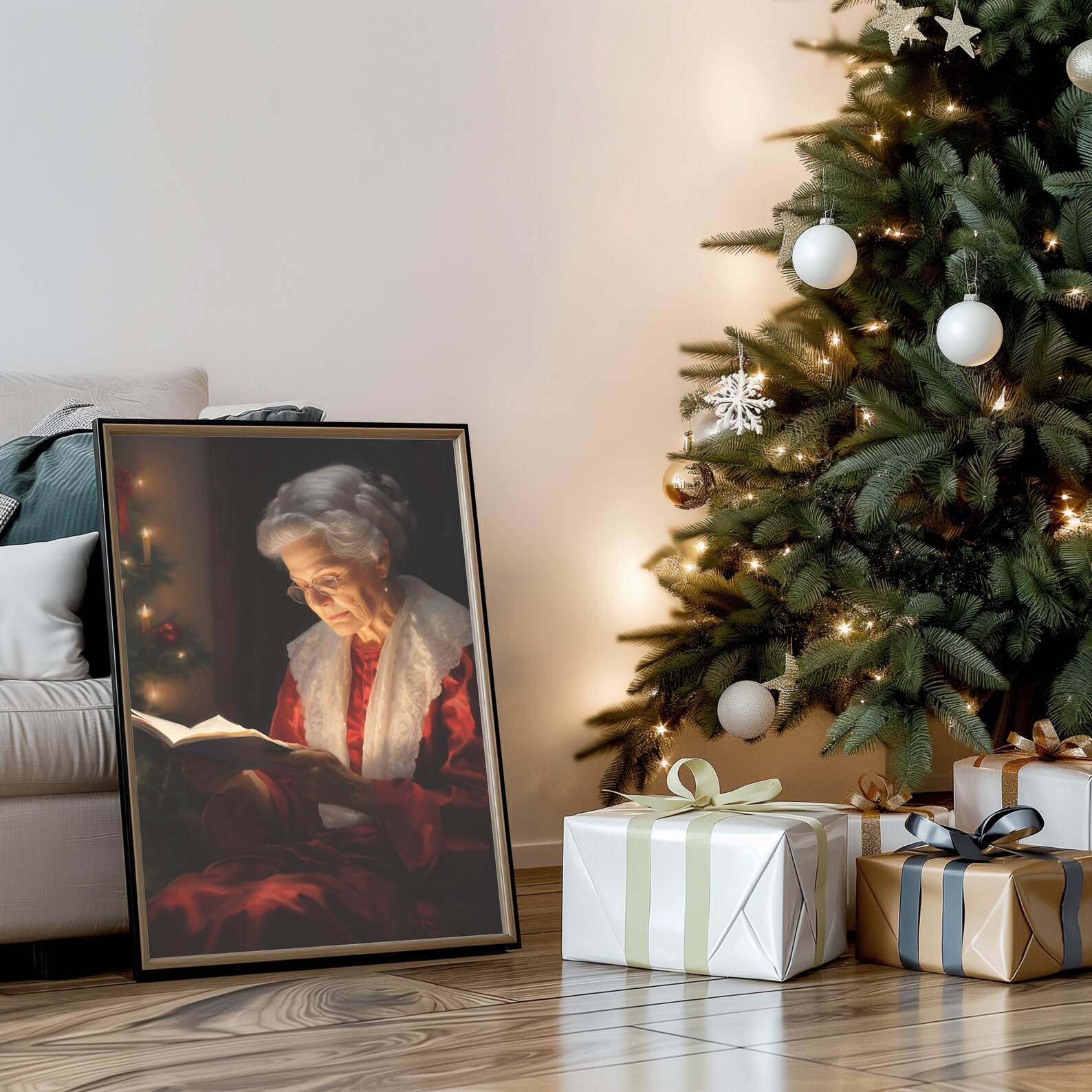Mrs Claus Reading Book, Printable Christmas Oil Painting Holiday Art ...