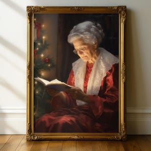 Mrs Claus Reading Book, Printable Christmas Oil Painting Holiday Art ...