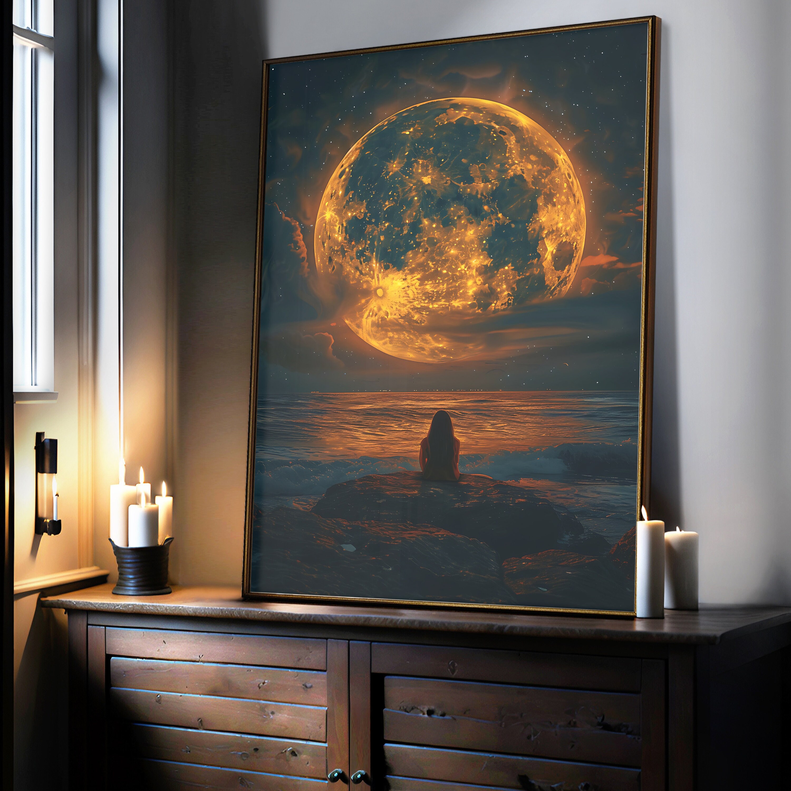 Moon Ritual Wall Art, Moody Wall Art, Full Moon Wall Art, Coastal Wall ...