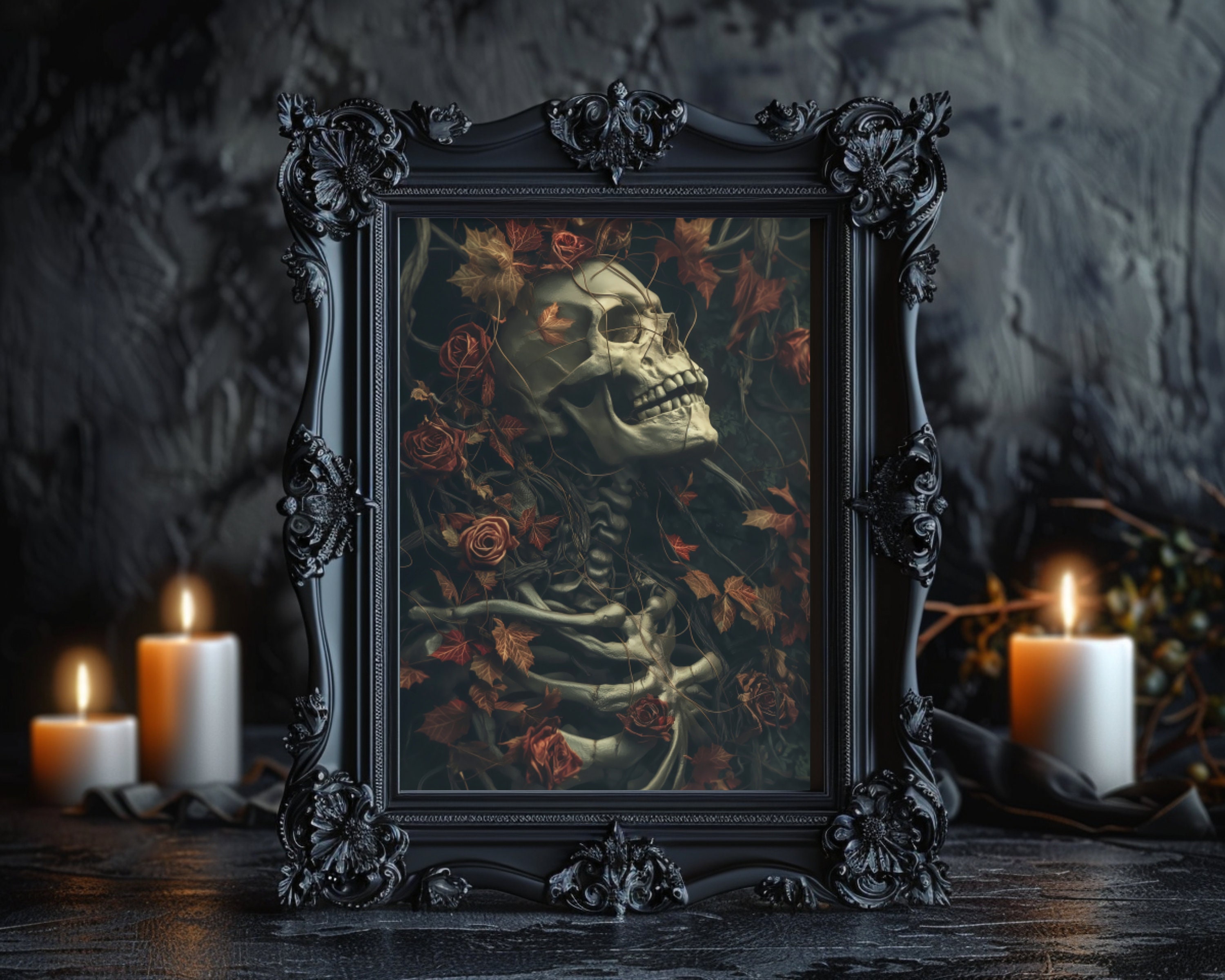 Rose Vine Skeleton Portrait, Cottagecore Decor, Gothic Skull Wall Art ...