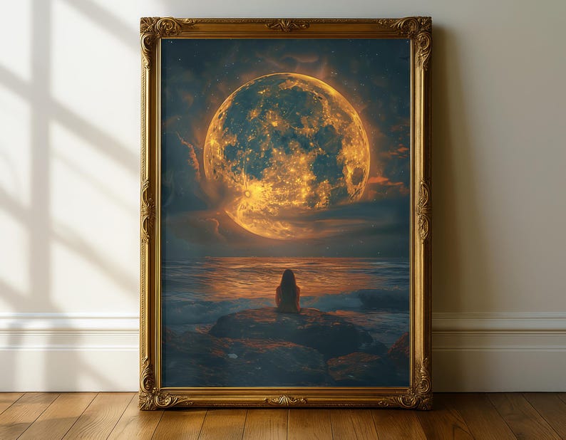 Moon Ritual Wall Art, Moody Wall Art, Full Moon Wall Art, Coastal Wall ...