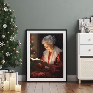 Mrs Claus Reading Book, Printable Christmas Oil Painting Holiday Art ...