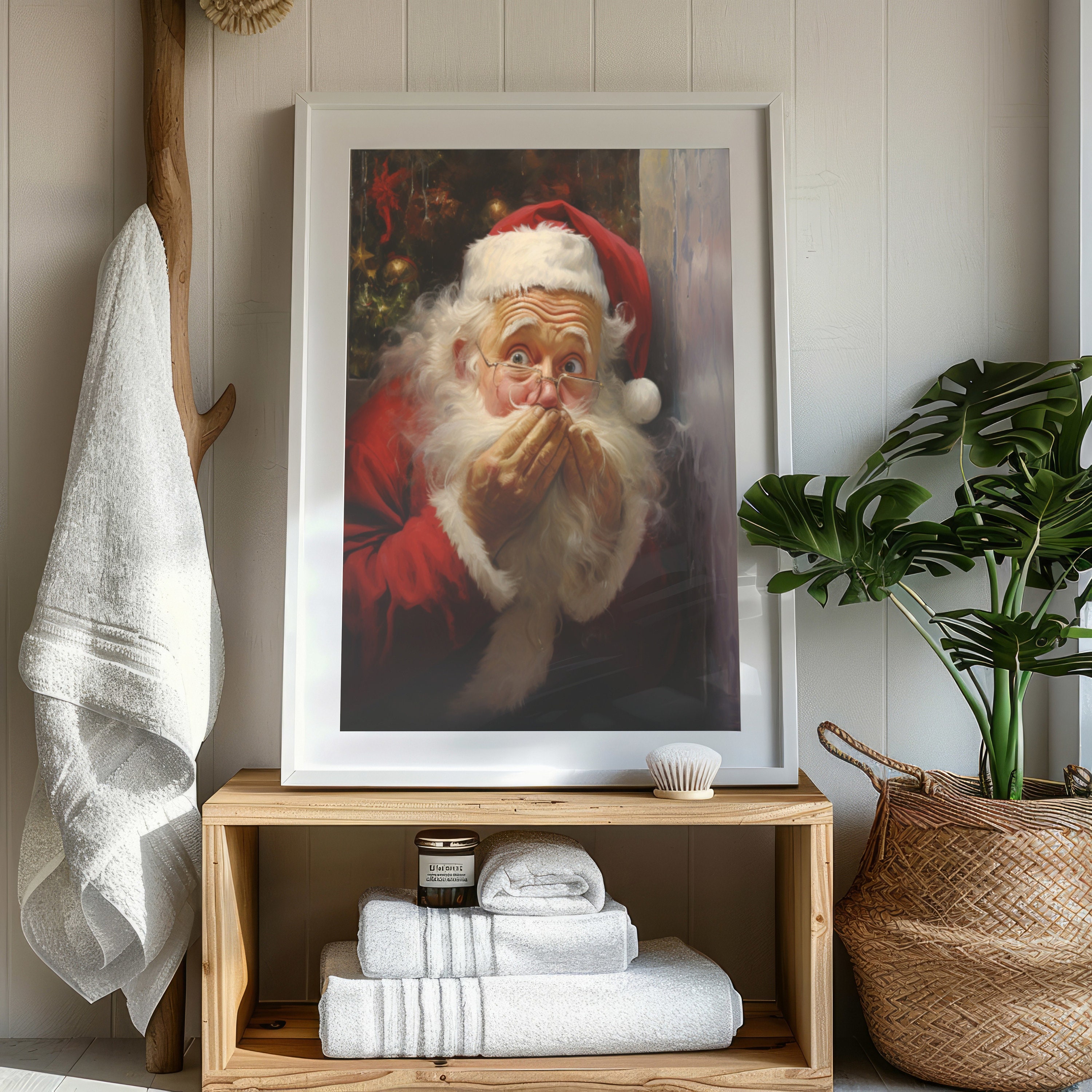 Classic Santa Painting, Funny Bathroom Wall Art, Santa in Bathroom Smell Bad, DIY Home Decor ...