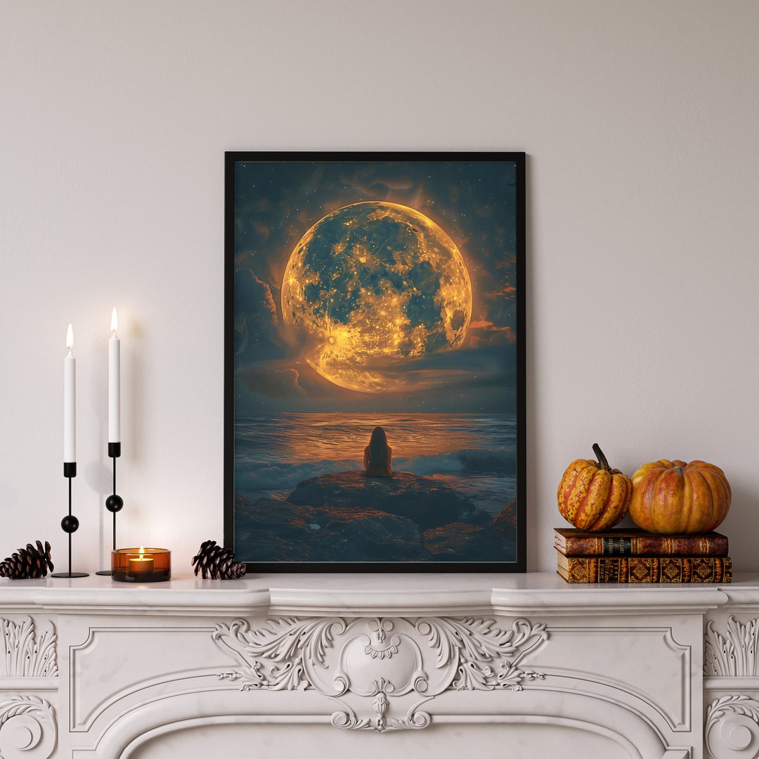 Moon Ritual Wall Art, Moody Wall Art, Full Moon Wall Art, Coastal Wall ...