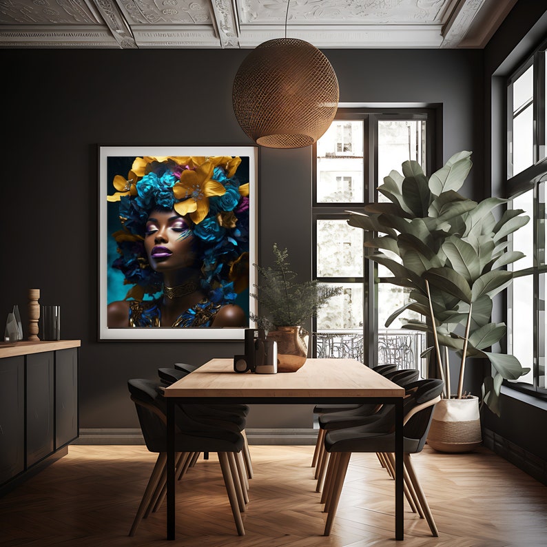 Black Girl Art Poster, Black Woman Head Flowers Wall Art, Black Art, Afro Art, African American ...