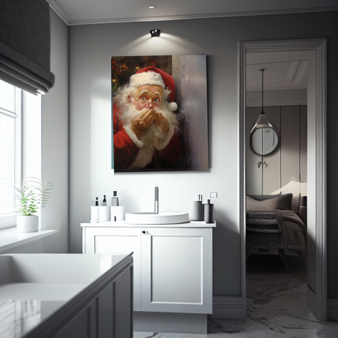 Classic Santa Painting, Funny Bathroom Wall Art, Santa in Bathroom ...